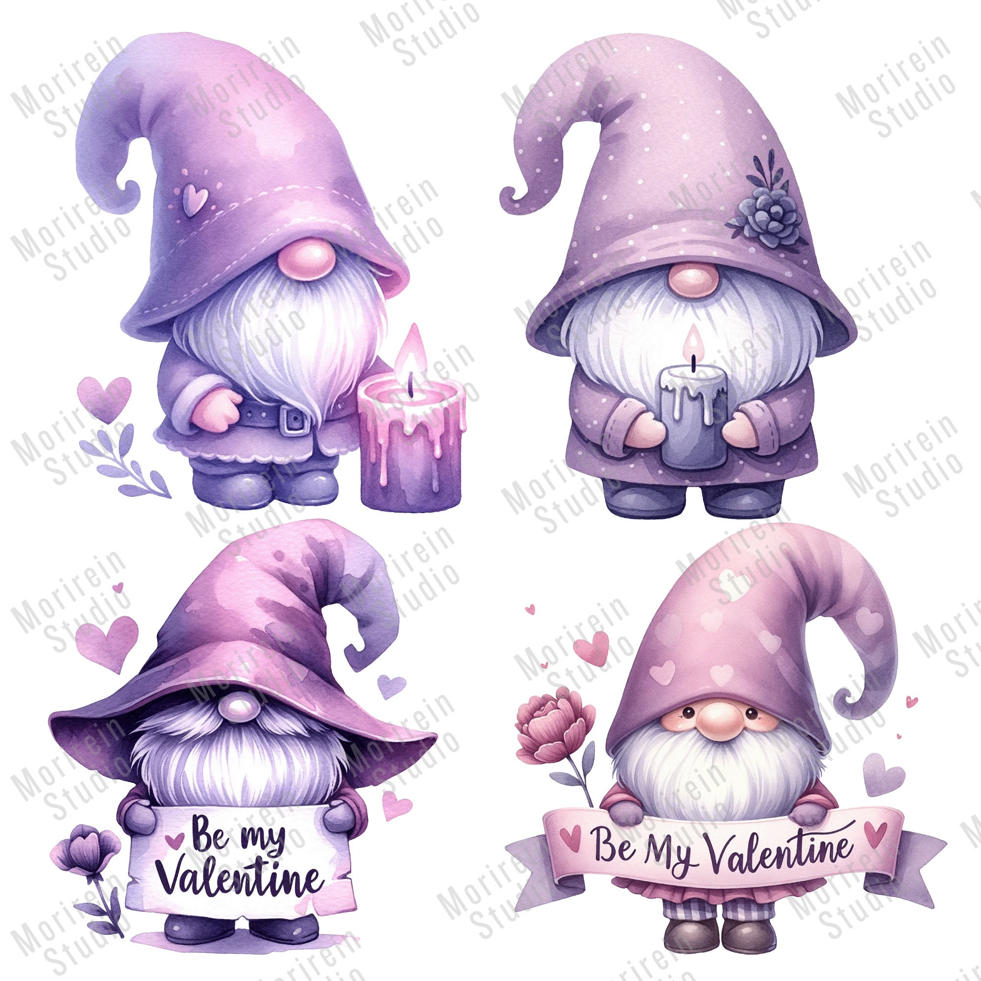 Purple Valentine Gnomes Watercolor Clipart: 24 PNG Illustrations ...