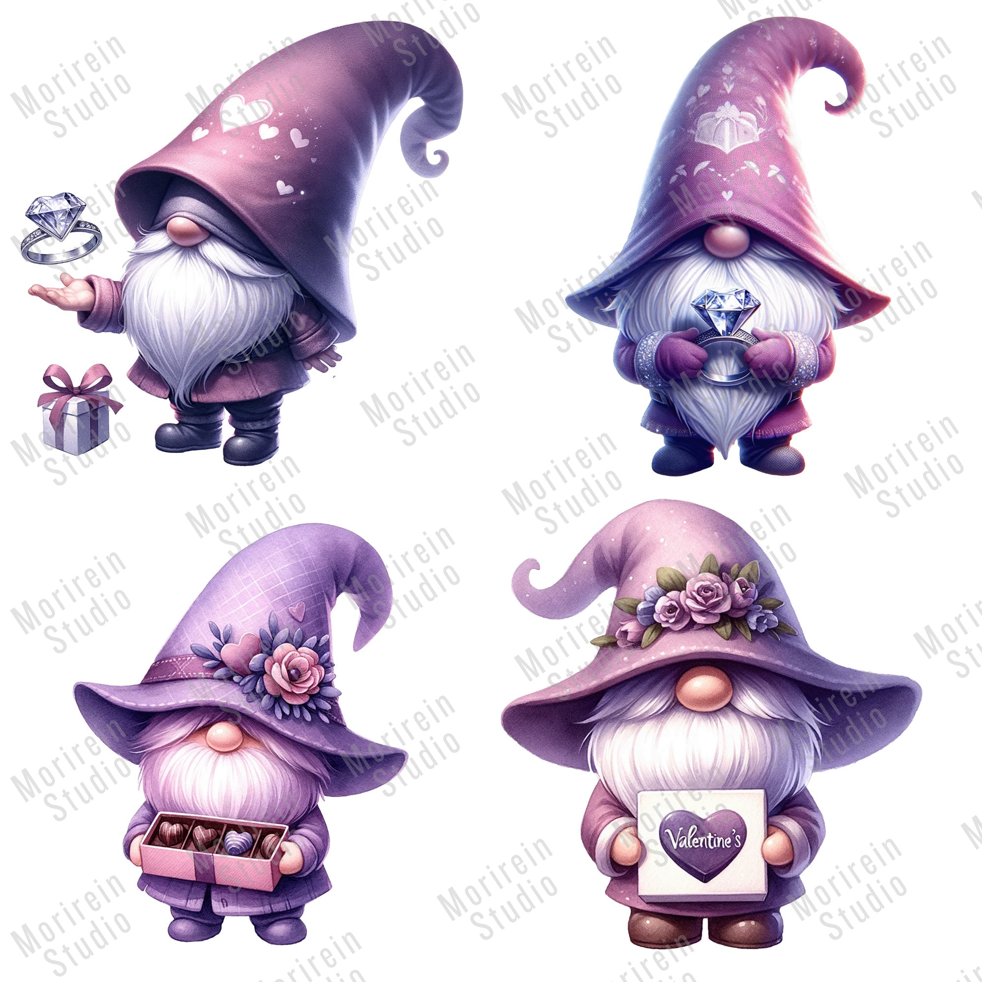 Purple Valentine Gnomes Watercolor Clipart: 24 PNG Illustrations ...