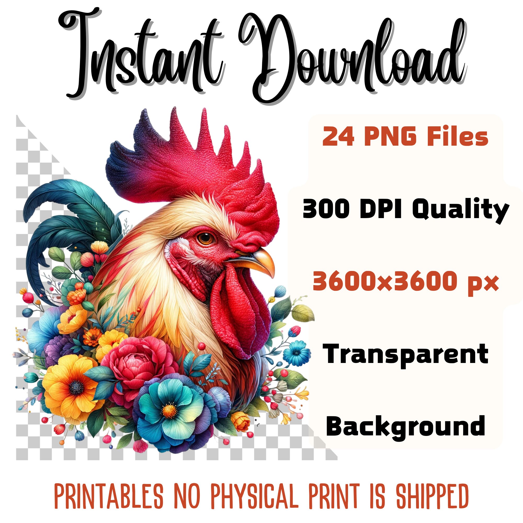 Floral Chicken Clipart: 24 PNG Watercolor Rooster PNG Set (digital ...