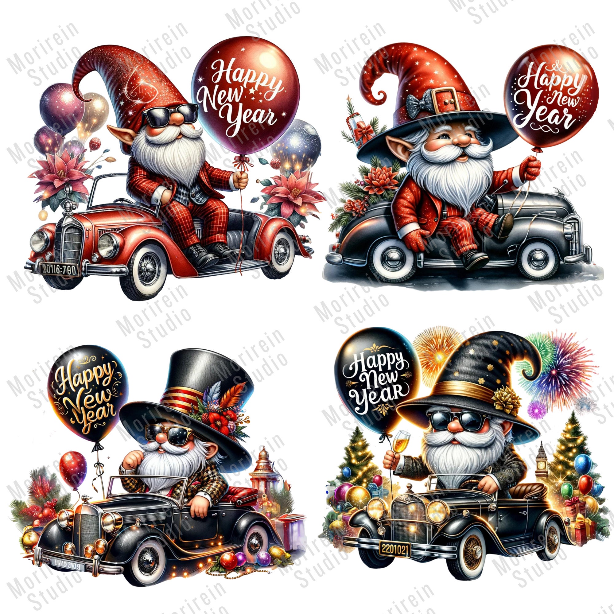 New Year Gnomes Clipart: Watercolor Festive Vehicle Illustrations 24 ...