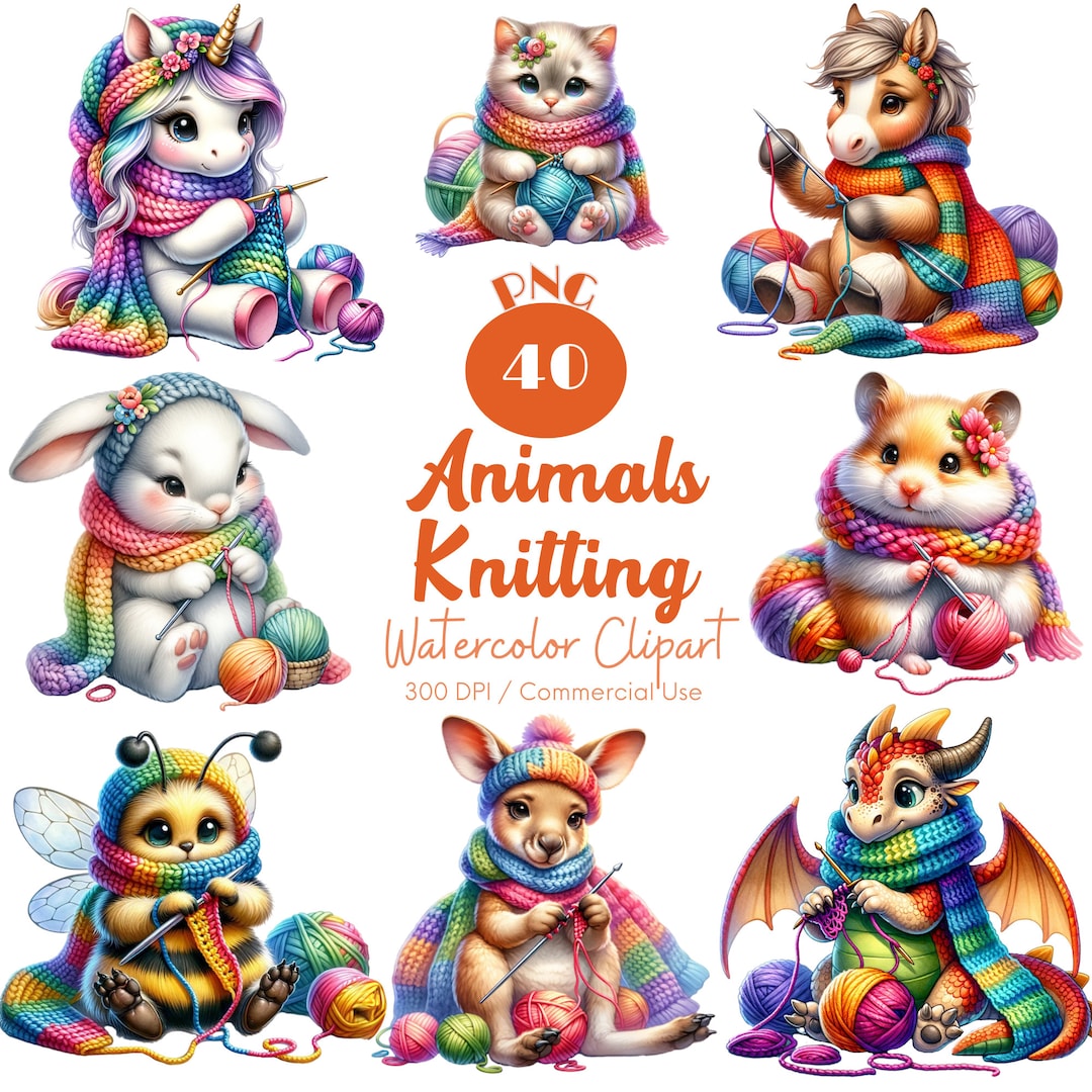 Animals Knitting Clipart 40 PNG Watercolor Cute Knitted Animals PNG ...