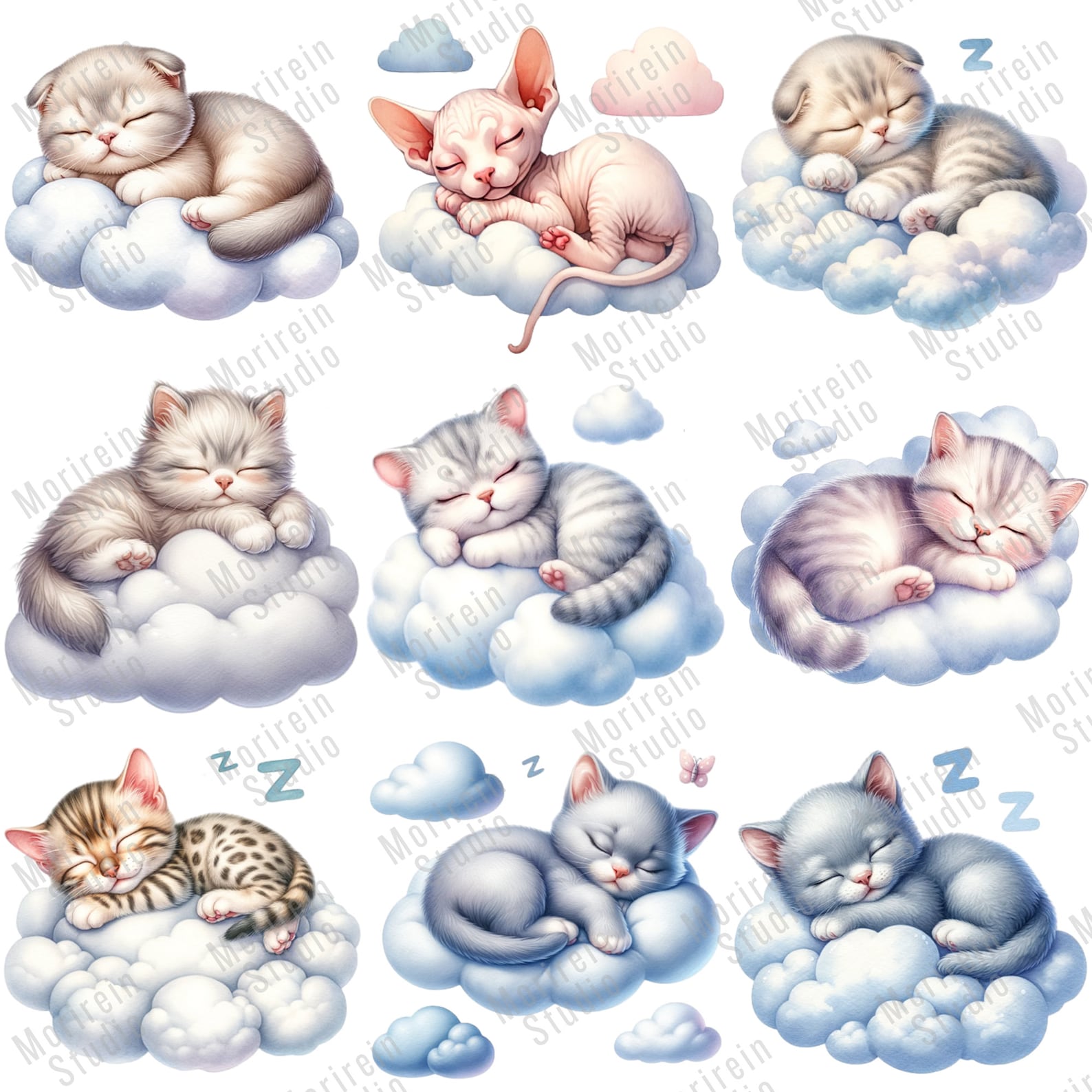 Sleeping Cats Clipart 55 PNG Watercolor Cute Sleeping Cats on Cloud PNG ...