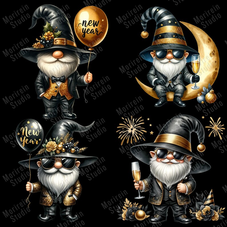New Year Gnomes Clipart: Watercolor Festive 16 PNG (digital Download ...