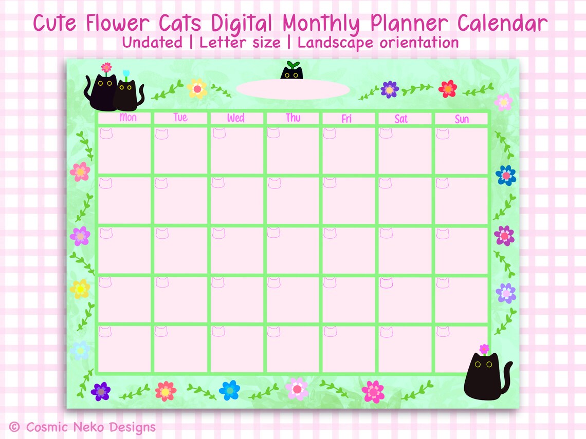 Cute Flower and Plants Cats Digital Calendar | Pastel Printable Monthly ...