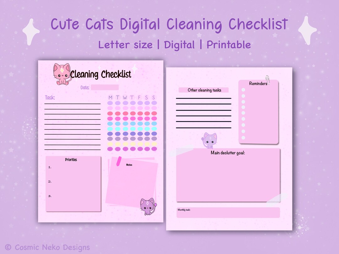 Cute Digital Printable Pastel Cleaning Checklist Tracker Daily Weekly ...