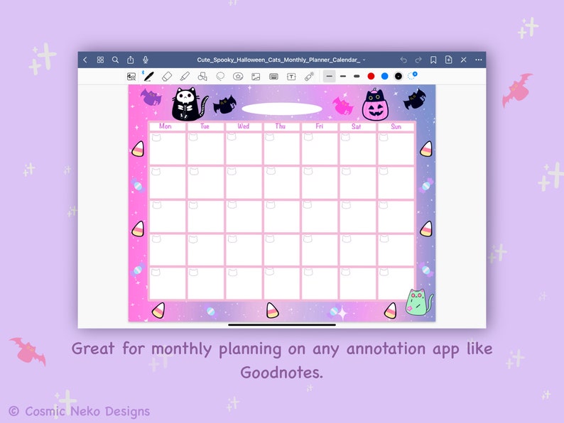 Cute Spooky Cats Halloween Digital Calendar | Pastel Monthly Planner ...
