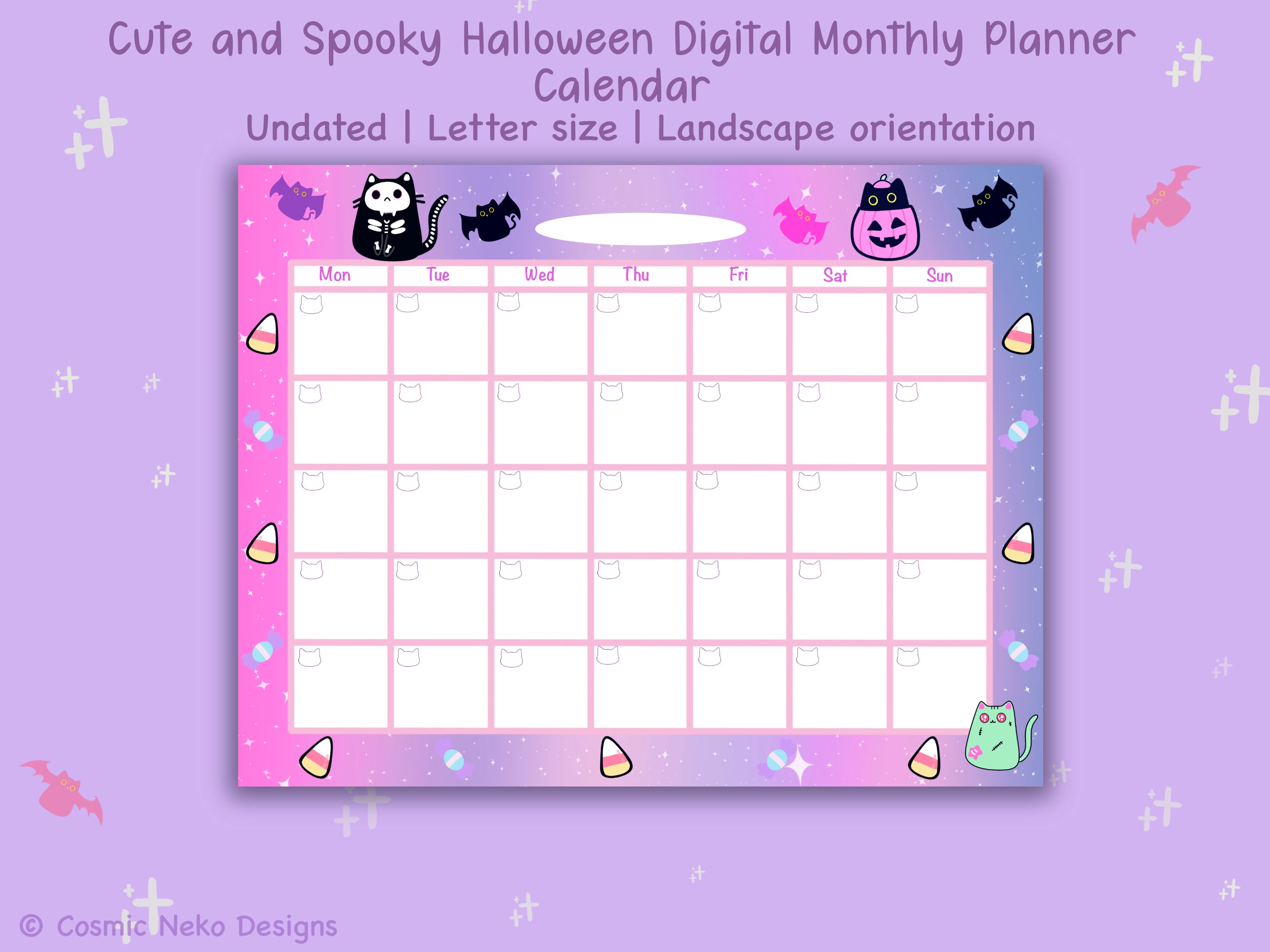 Cute Spooky Cats Halloween Digital Calendar | Pastel Monthly Planner ...