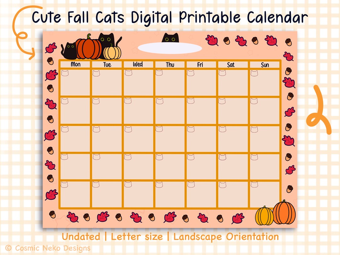 Cute Fall Cats Digital Calendar | Cute Fall Pumpkin Monthly Planner ...