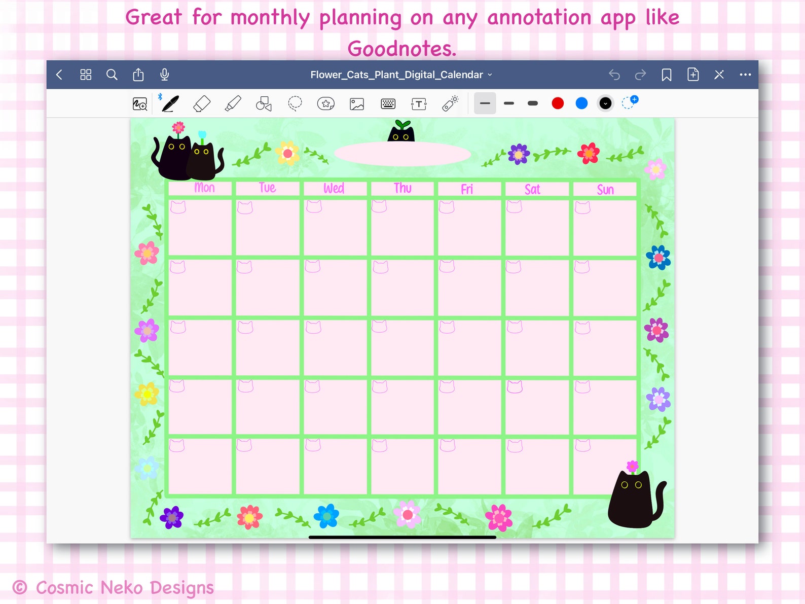Cute Flower and Plants Cats Digital Calendar | Pastel Printable Monthly ...