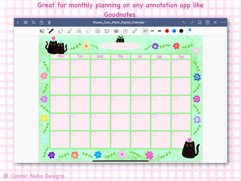 Cute Flower and Plants Cats Digital Calendar | Pastel Printable Monthly ...