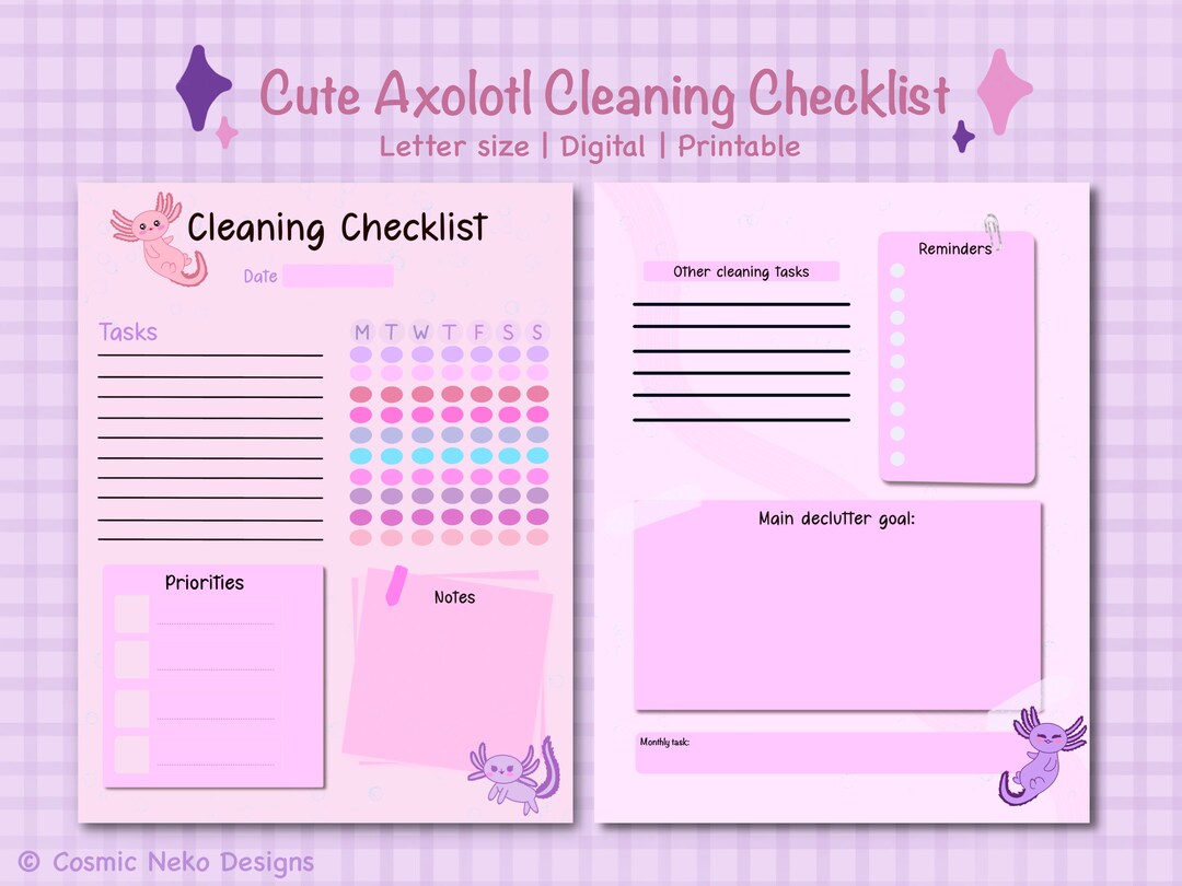 Cute Axolotl House Cleaning Checklist Kawaii Daily Weekly Monthly ...