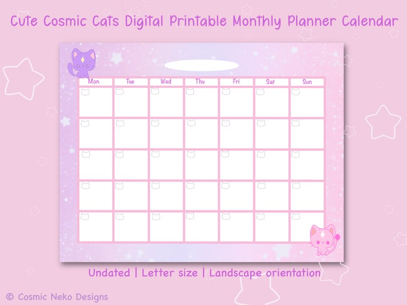 Cute Kawaii Cosmic Pastel Cats Digital Printable Monthly Planner ...