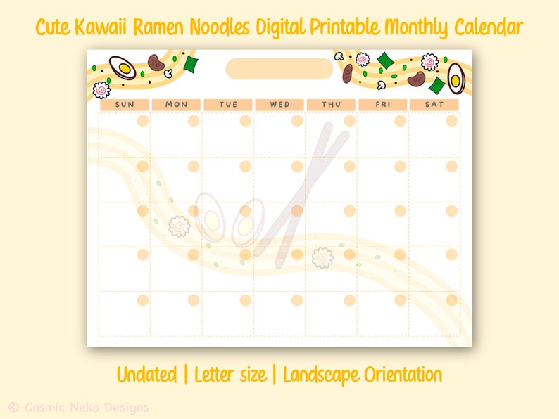 Cute Kawaii Ramen Noodle Digital Calendar Printable Monthly Calendar ...