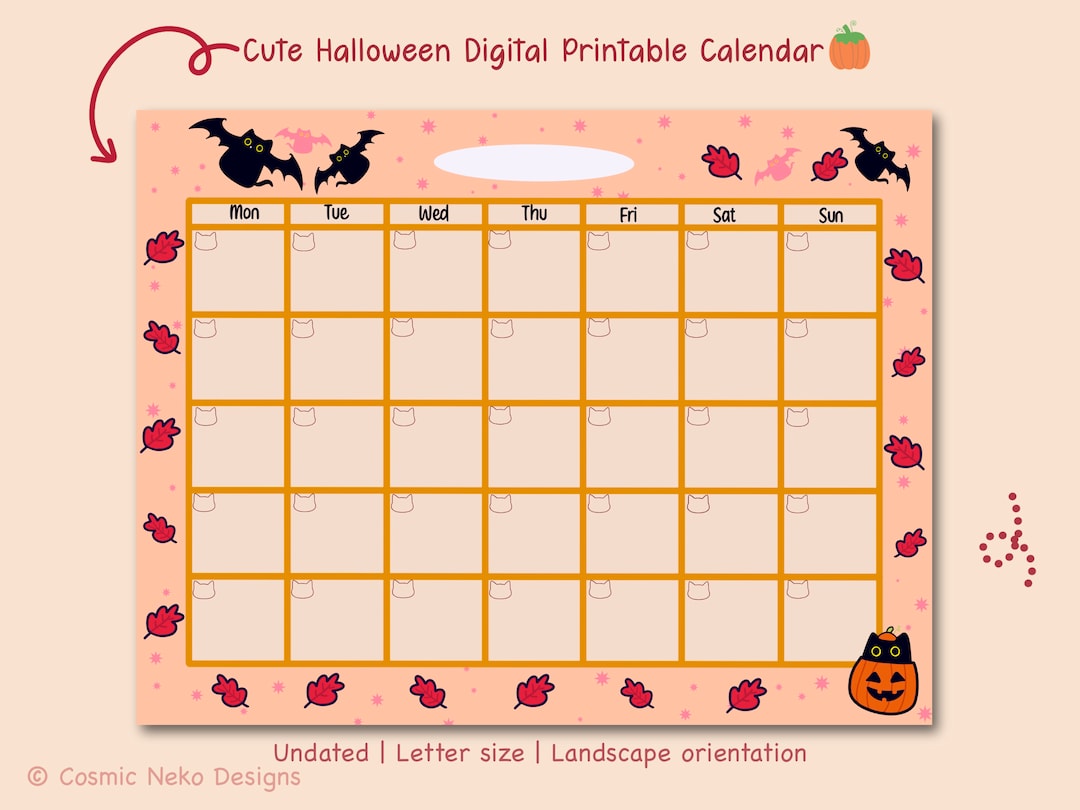 Cute Halloween Digital Calendar | Cute Halloween Monthly Planner | Cute ...