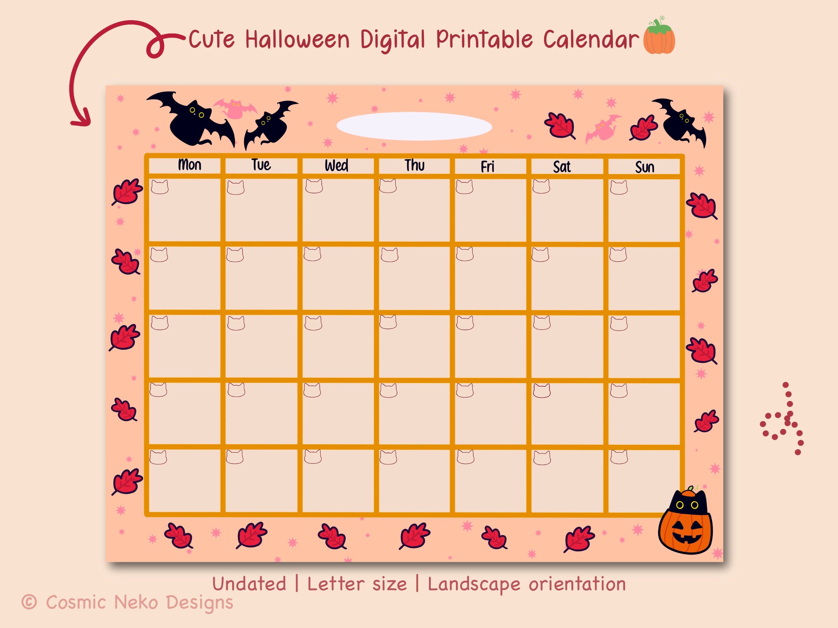 Cute Halloween Digital Calendar | Cute Halloween Monthly Planner | Cute ...