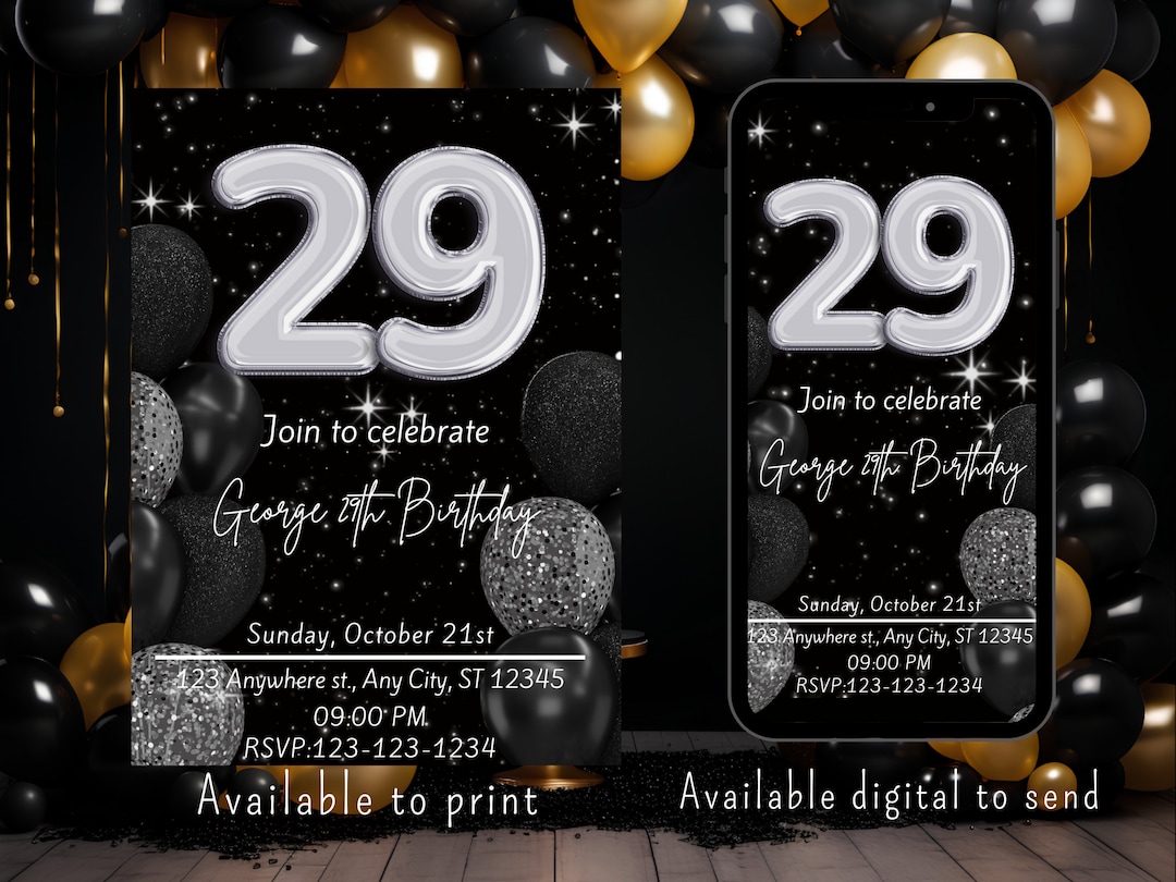 Digital 29th Birthday Party Invitation, Instant Download, Digital Edit ...