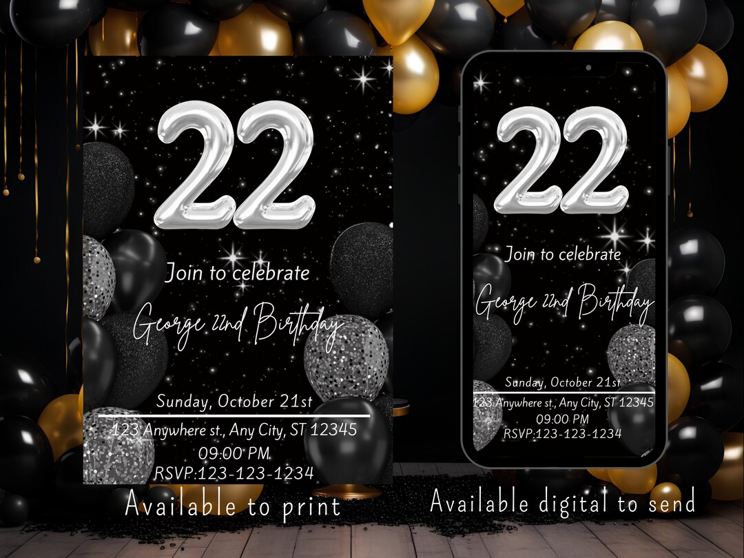 Digital 22nd Birthday Party Invitation, Instant Download, Digital Edit ...