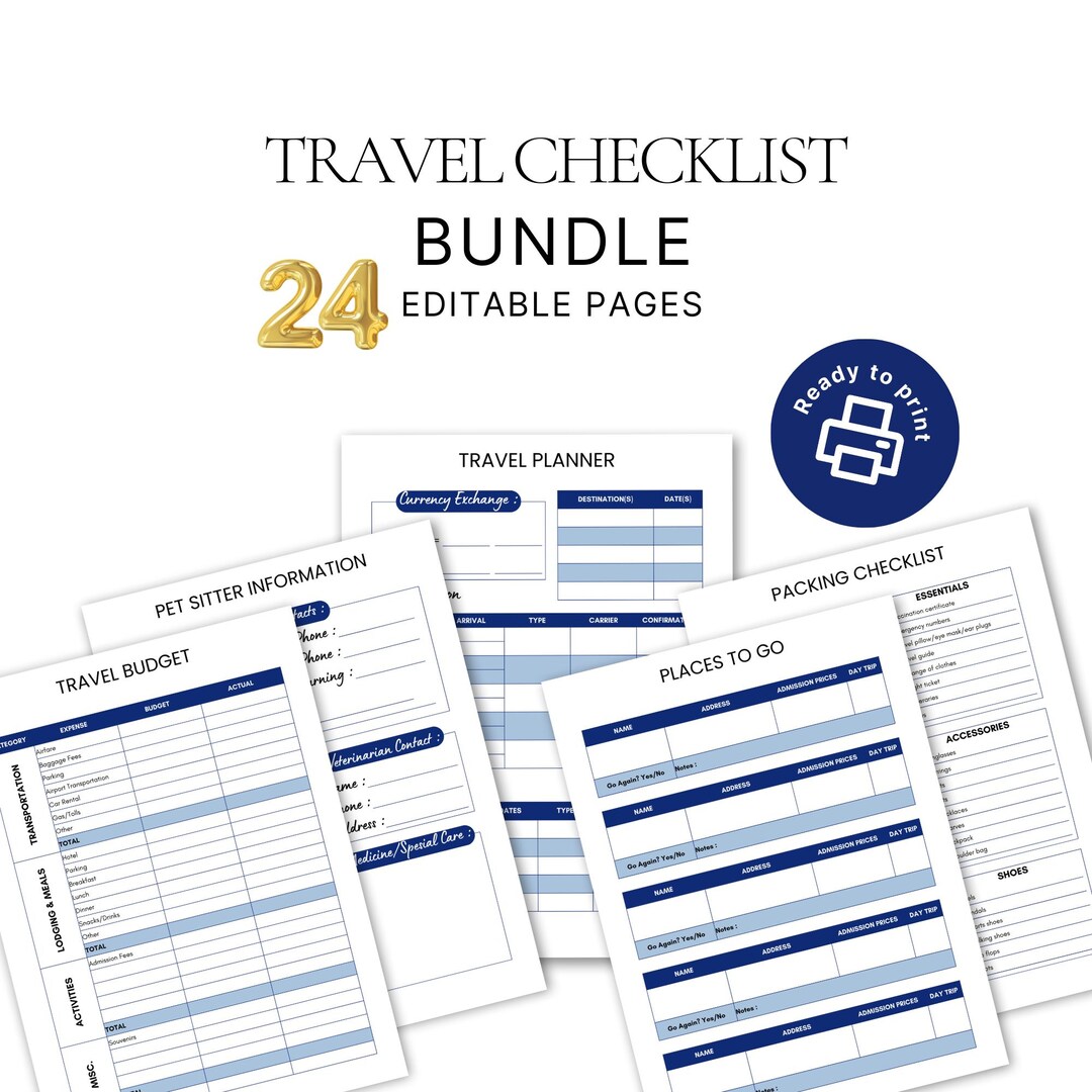 Minimalist Editable Travel Checklist, Budget Organizer, Packing ...