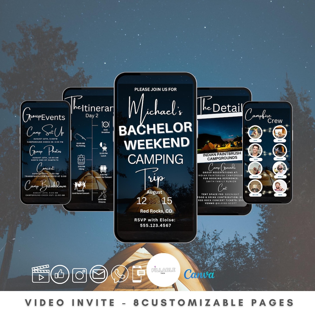 Editable Bachelor Party Camping Invitation Template, Animated Digital ...