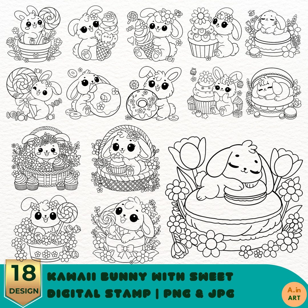 Kawaii Animal Floral Digital Stamp, Kawaii Bunny Sweet Floral Digital ...