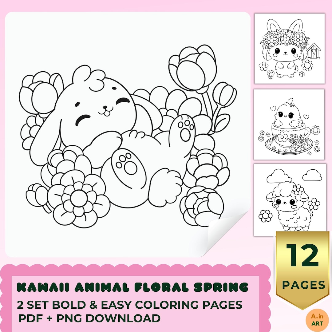 Bold and Easy Kawaii Animal Coloring Page, Cozy Spring Floral Bold and ...