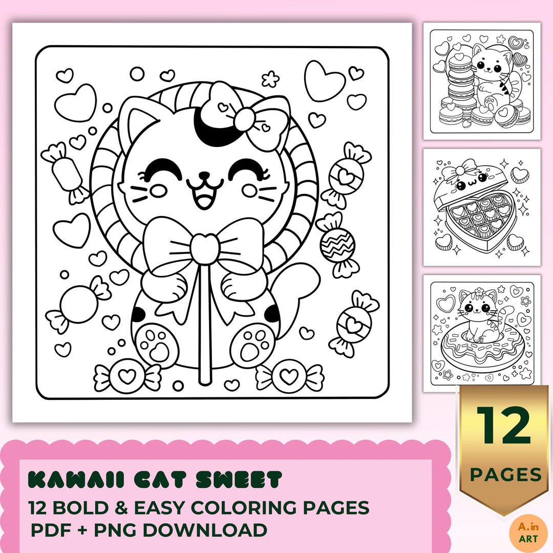Bold and Easy Cute Valentine Sweet Coloring Page, Cute Cat Bold and ...