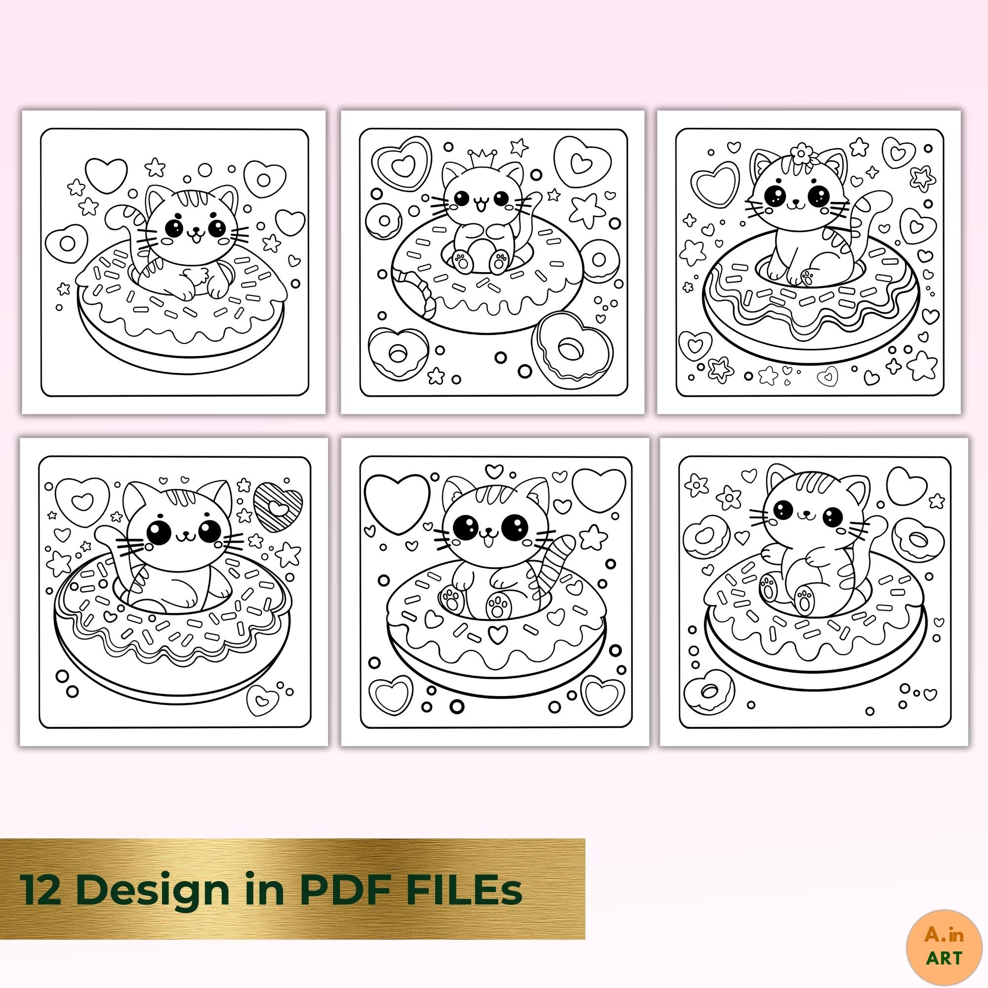Bold and Easy Kawaii Cat Macaroon and Donut Coloring Pages, Cute Cat ...