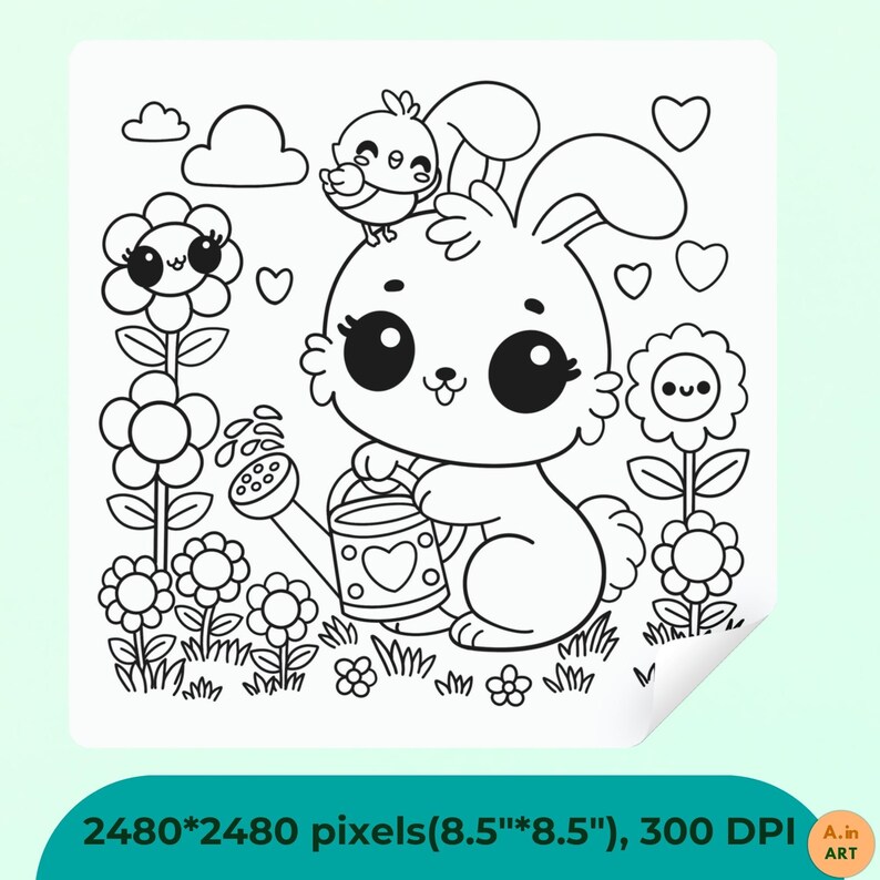 Bold and Easy Kawaii Bunny Coloring Page, Cozy Spring Floral Bold and ...