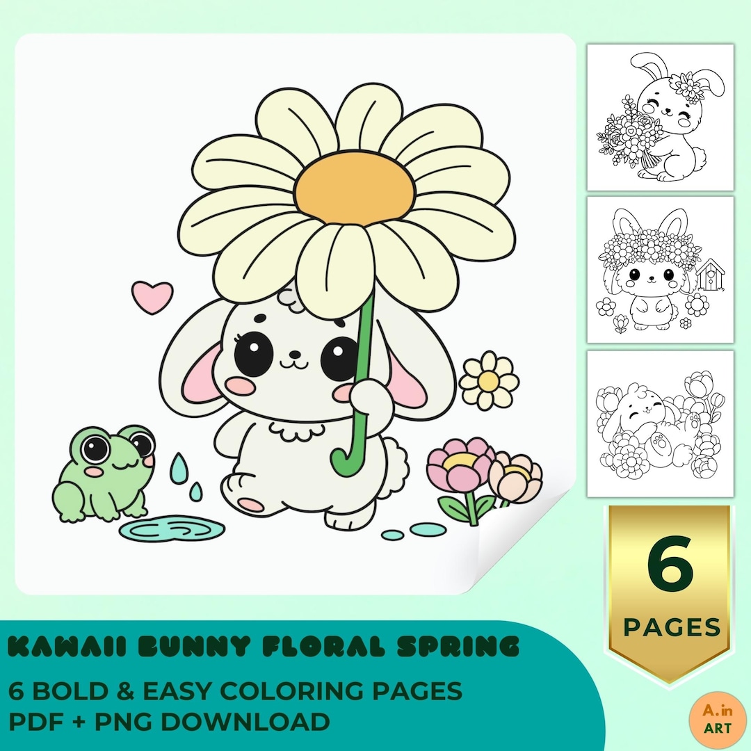 Bold and Easy Kawaii Animal Coloring Page, Cozy Spring Floral Bold and ...