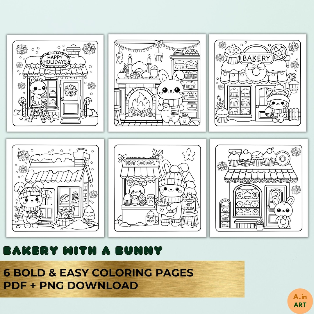 Bold and Easy Cute Bunny Winter Shop, Bakery Shop Coloring Page, Bold ...