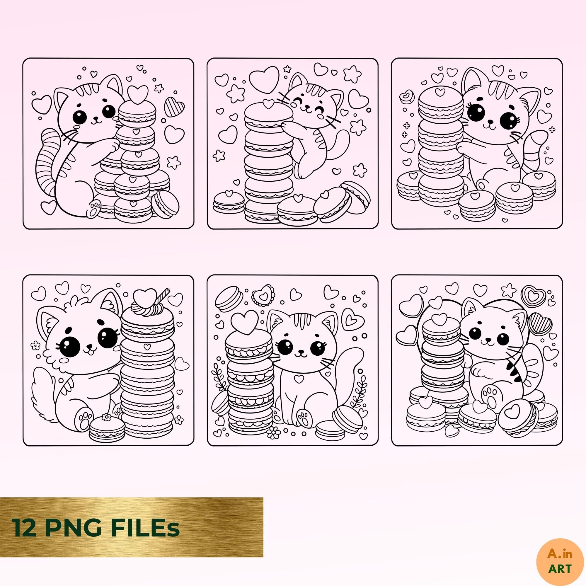 Bold and Easy Kawaii Cat Macaroon and Donut Coloring Pages, Cute Cat ...