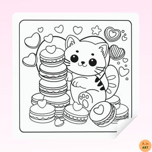 Bold and Easy Kawaii Cat Macaroon and Donut Coloring Pages, Cute Cat ...