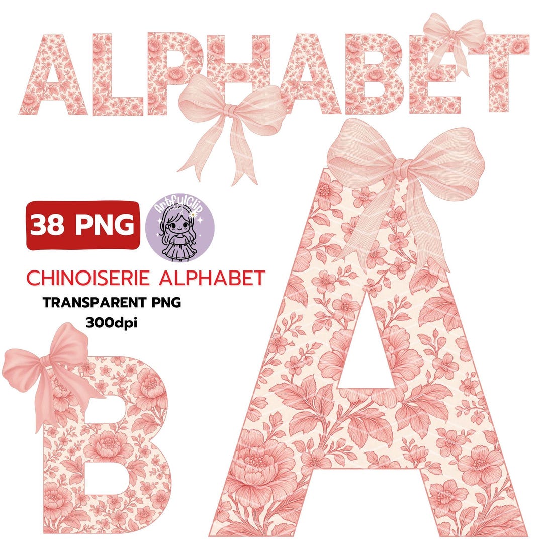 Pink Chinoiserie Alphabet PNG, Sublimation Letters, Pink Toile College ...
