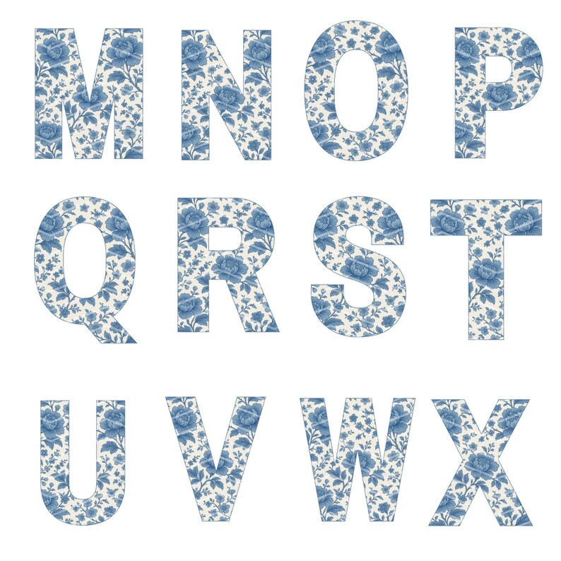 Blue Chinoiserie Alphabet PNG: Watercolor Toile Letters (digital ...