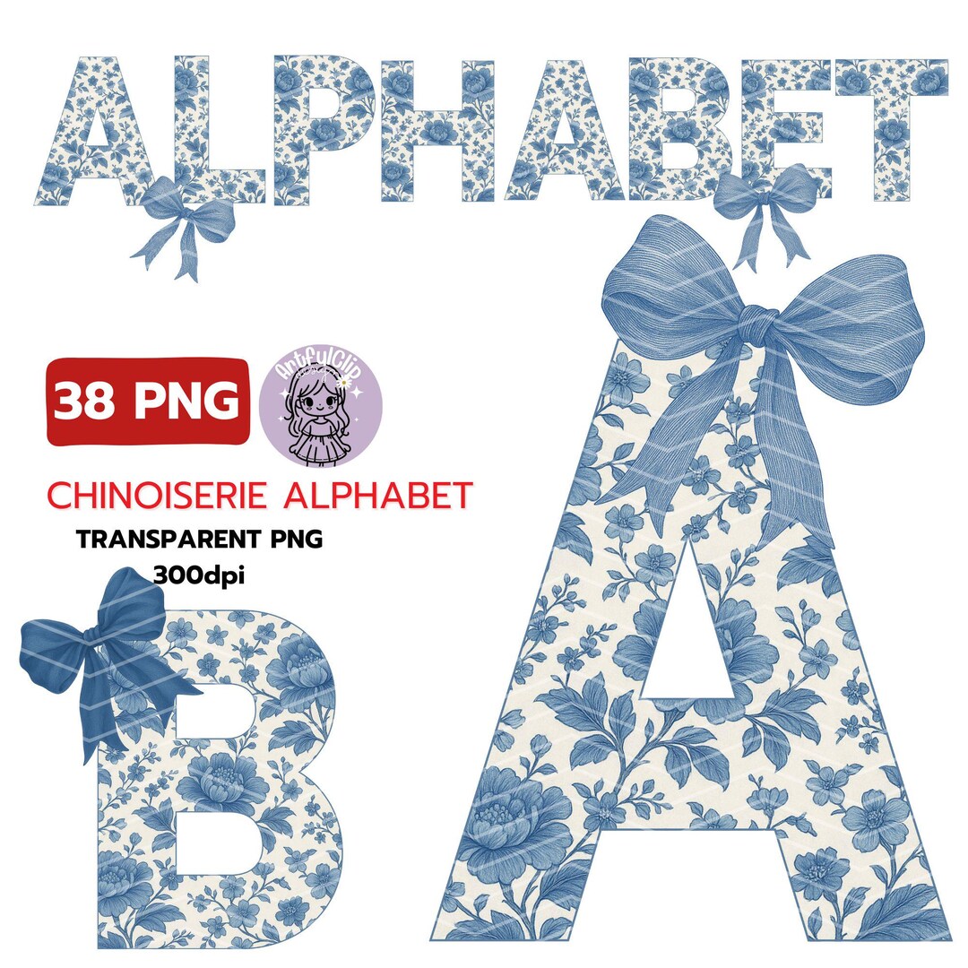 Blue Chinoiserie Alphabet PNG: Watercolor Toile Letters (digital ...