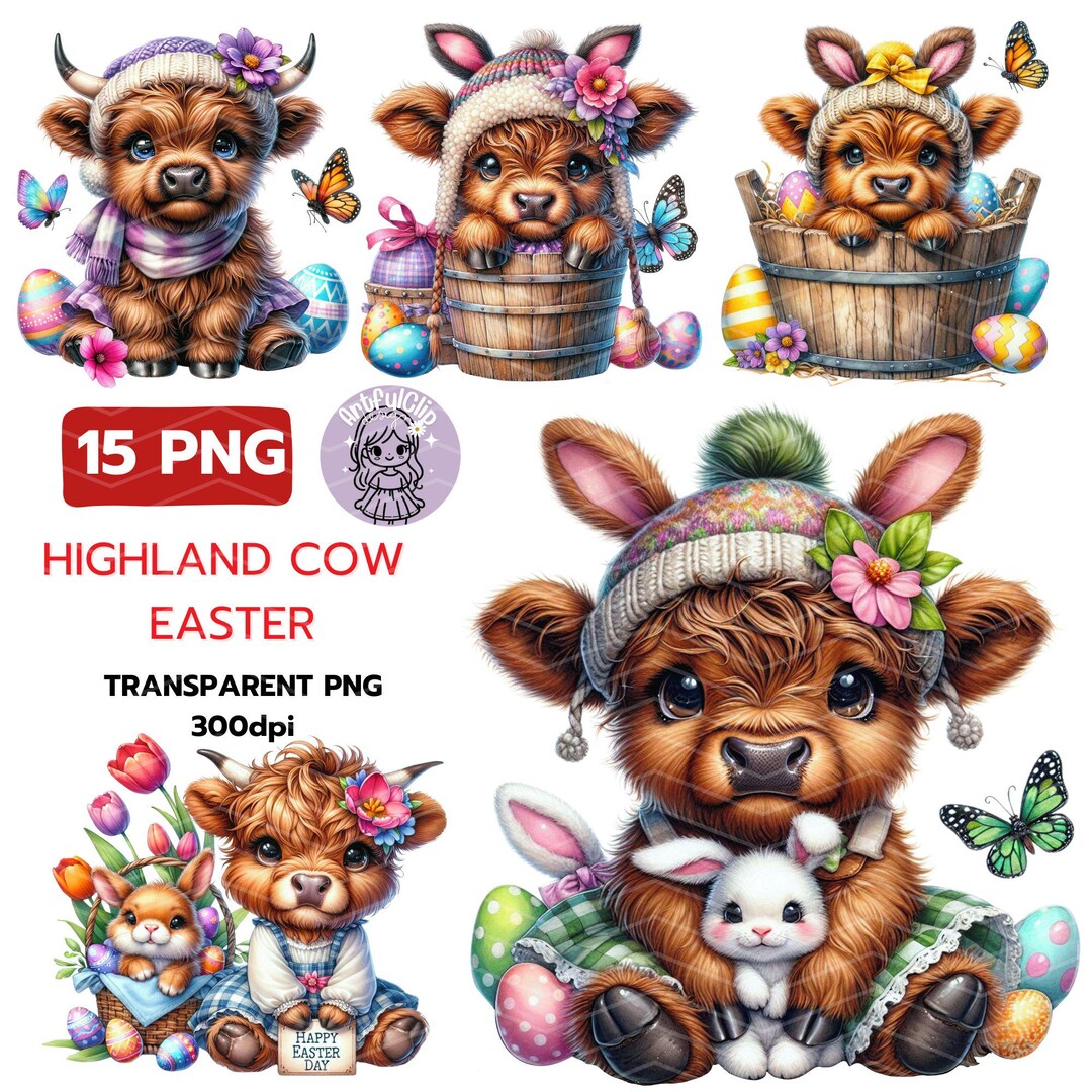 Easter Day Highland Cow Clipart, Cute Cow Easter PNG, Happy Easter ...