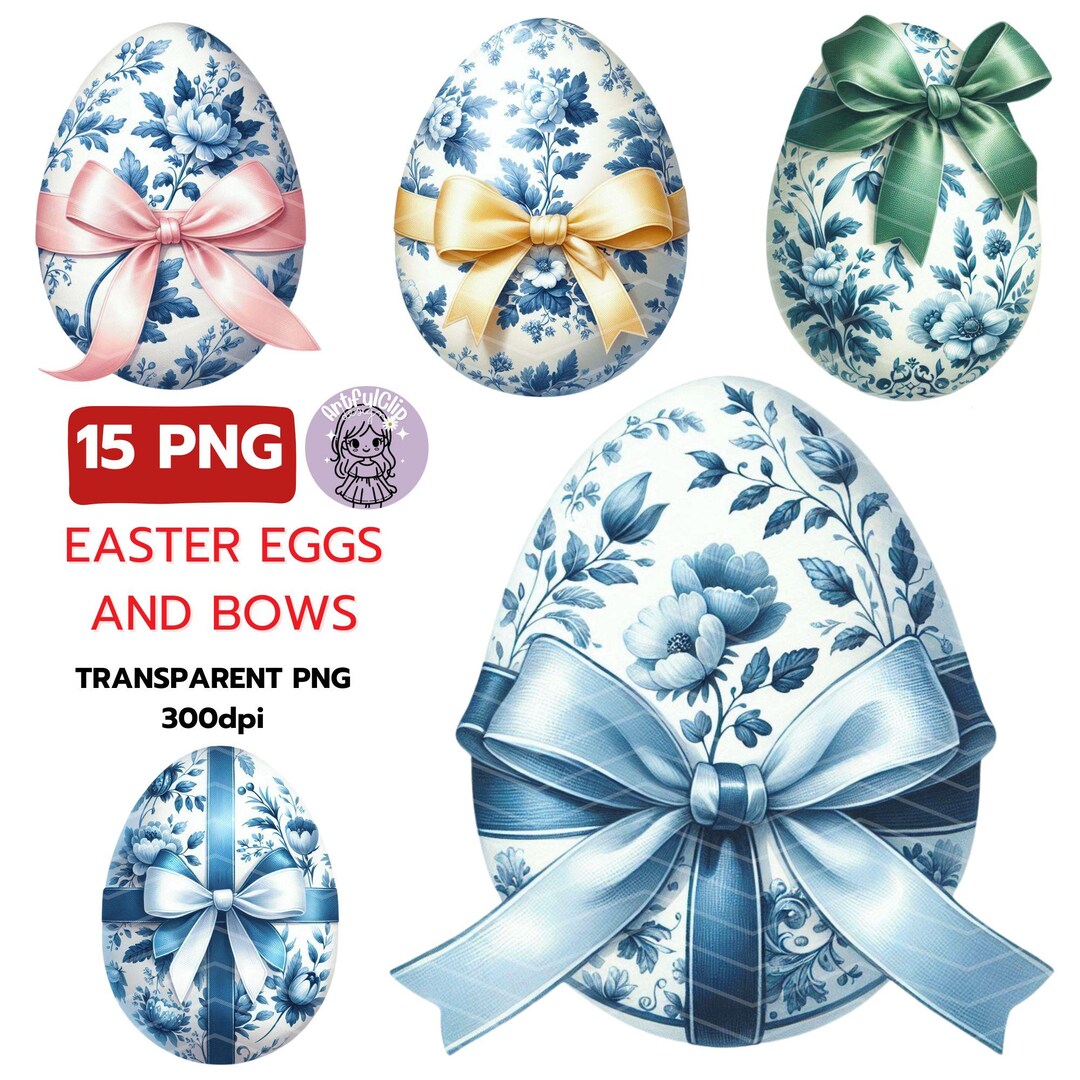 Blue Toile Easter Eggs and Bows, Easter Eggs Clipart Coquette, Easter ...