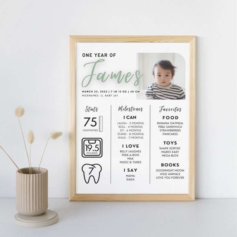First Birthday Photo Milestone Poster, Baby Milestone Board Printable ...