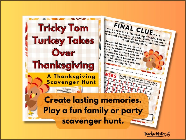 Thanksgiving Indoor Scavenger Hunt Tricky Tom Turkey Mystery Game ...