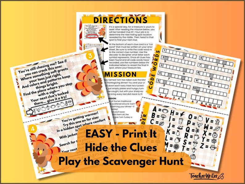 Thanksgiving Indoor Scavenger Hunt Tricky Tom Turkey Mystery Game ...