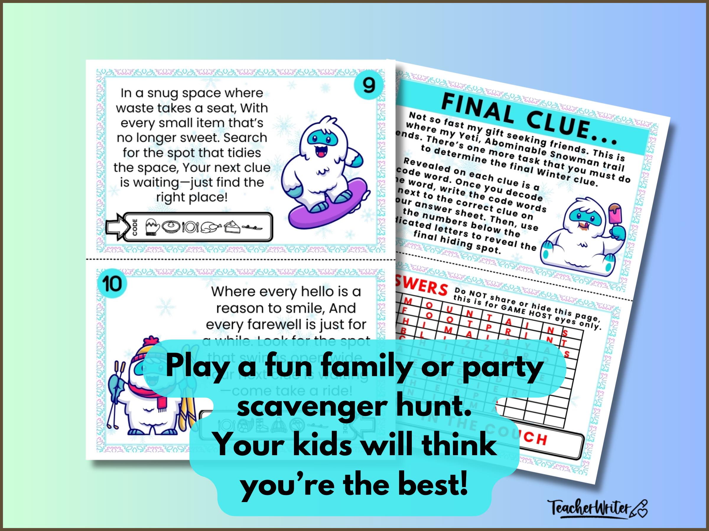 Winter Indoor Scavenger Hunt Yeti Abominable Snowman, Teen & Tween ...