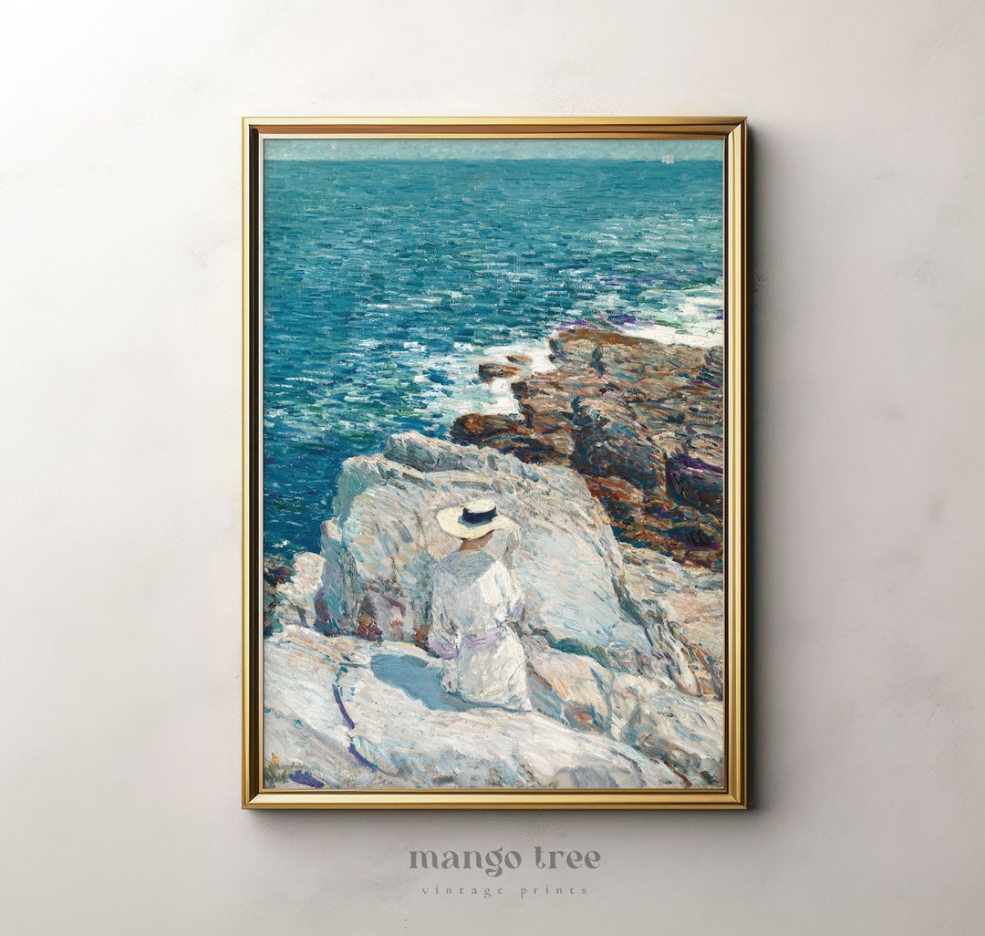Coastal Landscape Art Vintage Ocean View Painting, Woman by the Sea ...