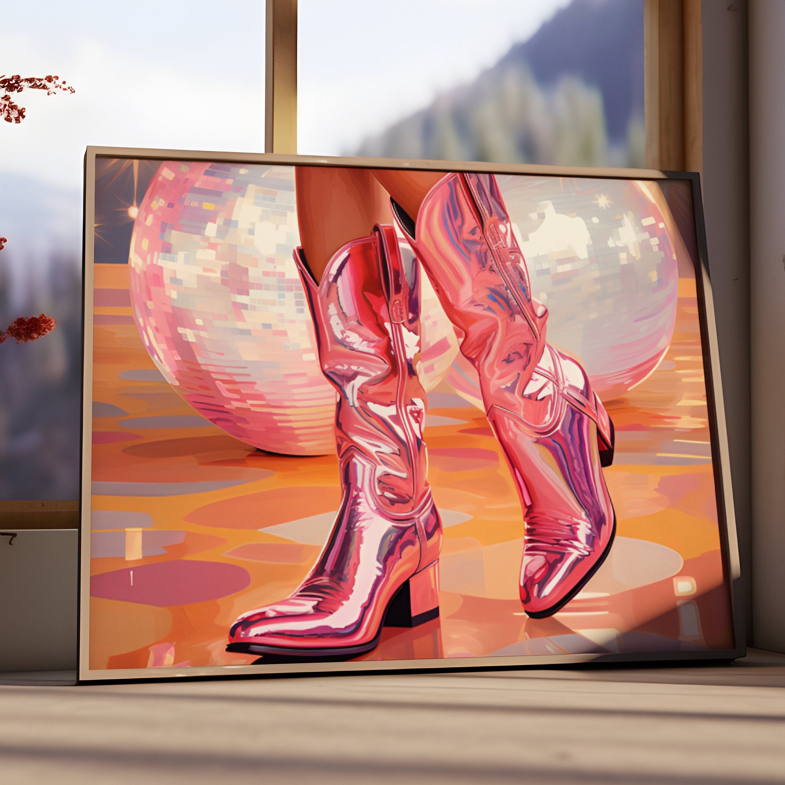 Disco Wall Art Shiny Light Pink Cowboy Boots Trendy Wall Art gift for ...
