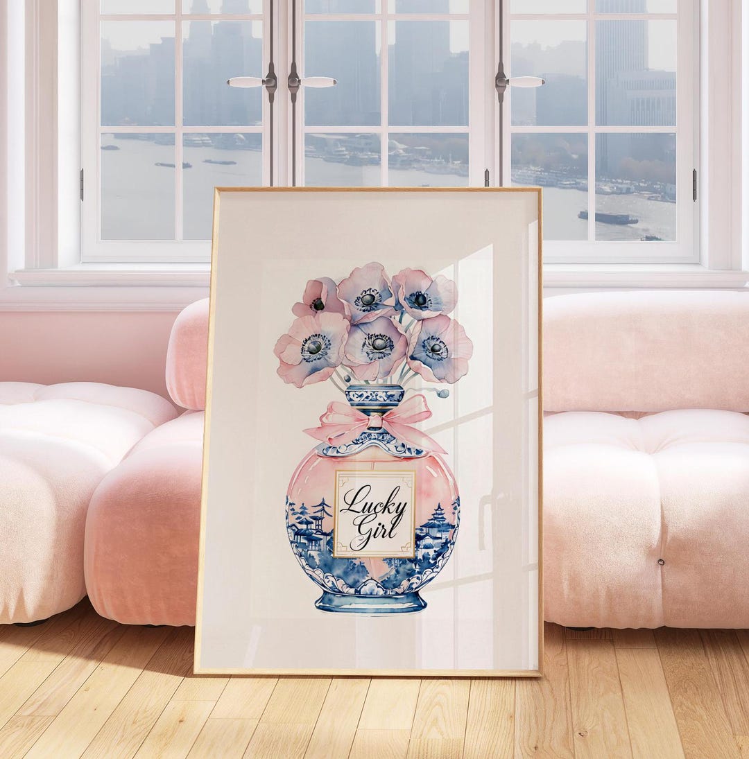 Coquette Lucky Girl Perfume Bottle Art, Chinoiserie Wall Art, Pink Bow ...