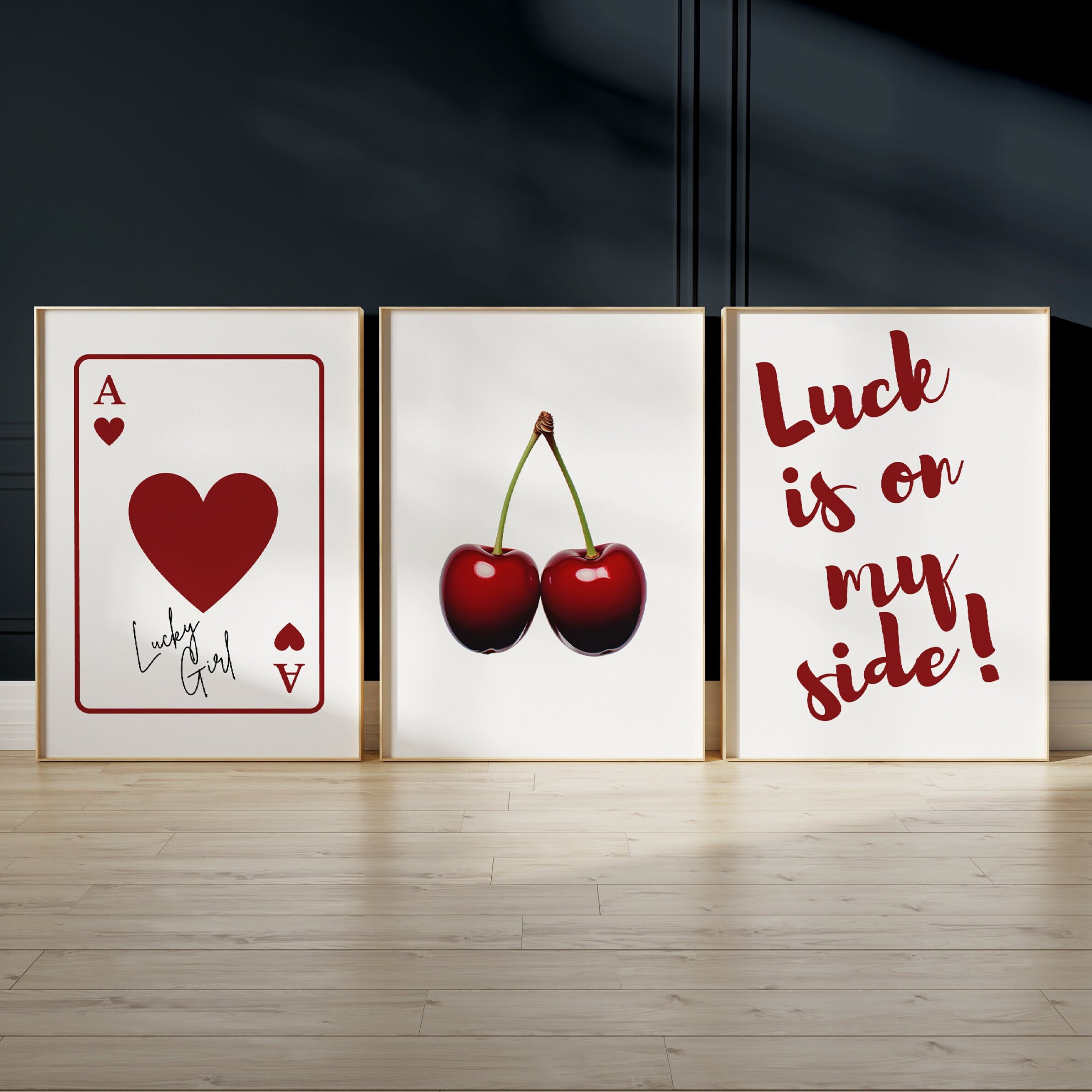 Lucky Girl Red 3 Piece Wall Art Set Ace Of Hearts Cherries Girly Art