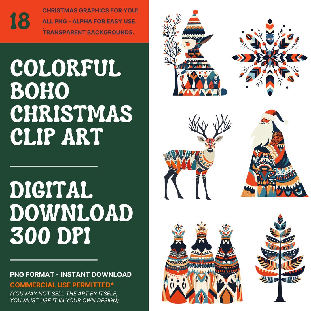 Boho Christmas Clip Art Collection - Whimsical Holiday Graphics ...