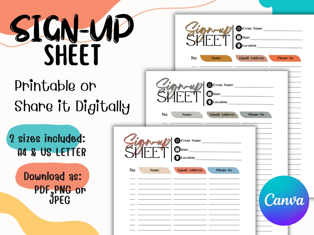 Editable Sign up Sheet Printable Sign up Form Event Sign up Template ...
