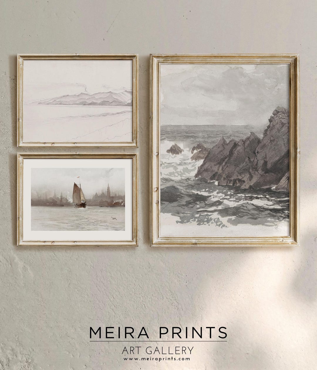 Vintage Nautical Gallery Printable Wall Art Set of 3, Antique Neutral ...