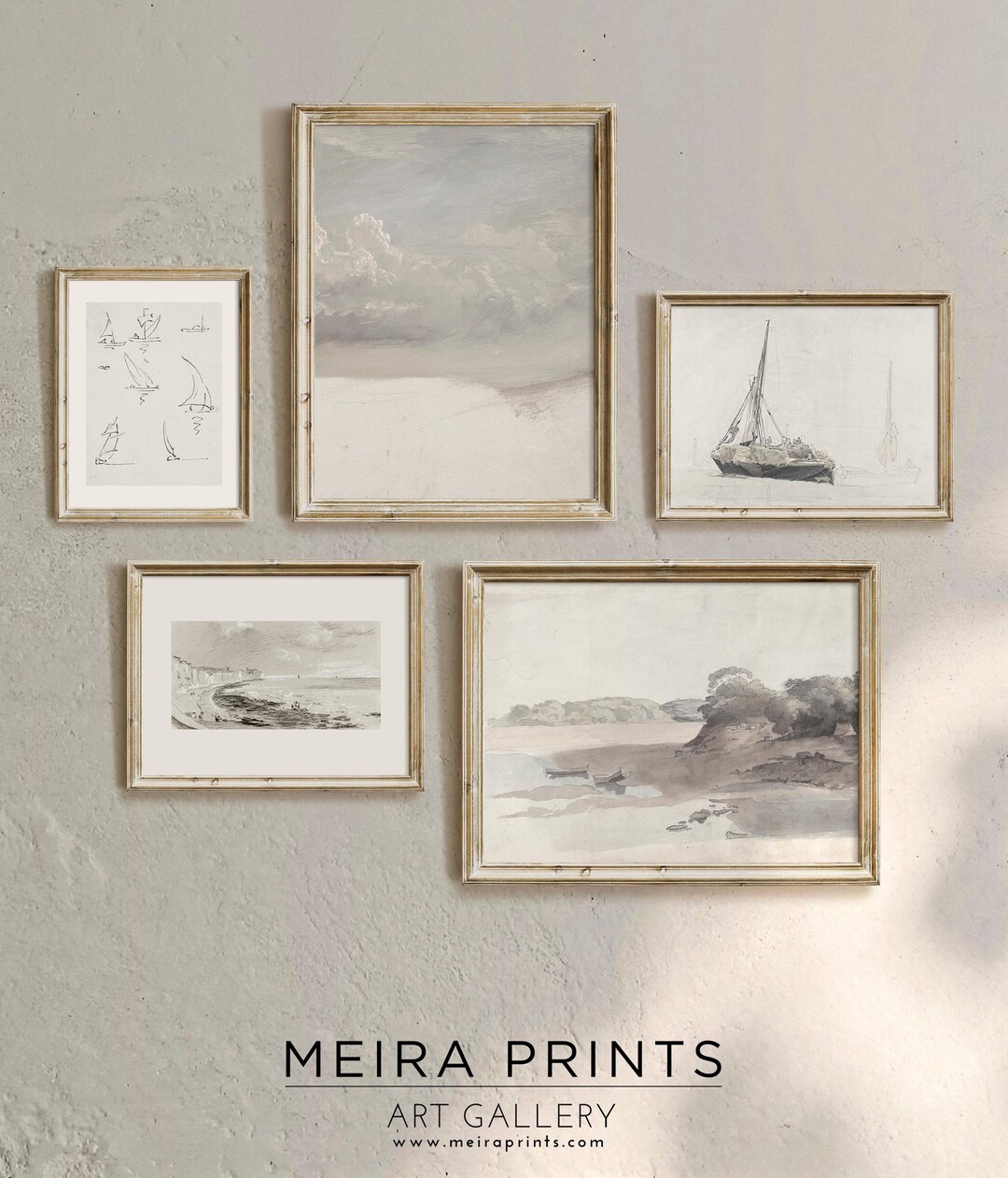 Vintage Nautical Gallery Wall Art Set of 5, Antique Muted Sailboat ...