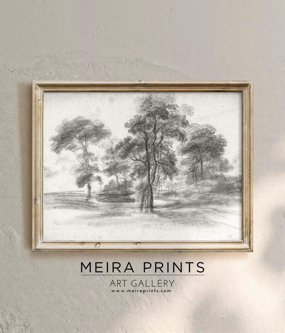 Vintage Trees Landscape Sketch Printable Art, Muted Neutral Charcoal ...